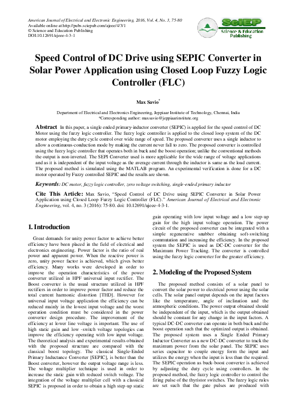 (PDF) Speed Control of DC Drive using SEPIC Converter in Solar Power Application using Closed ...