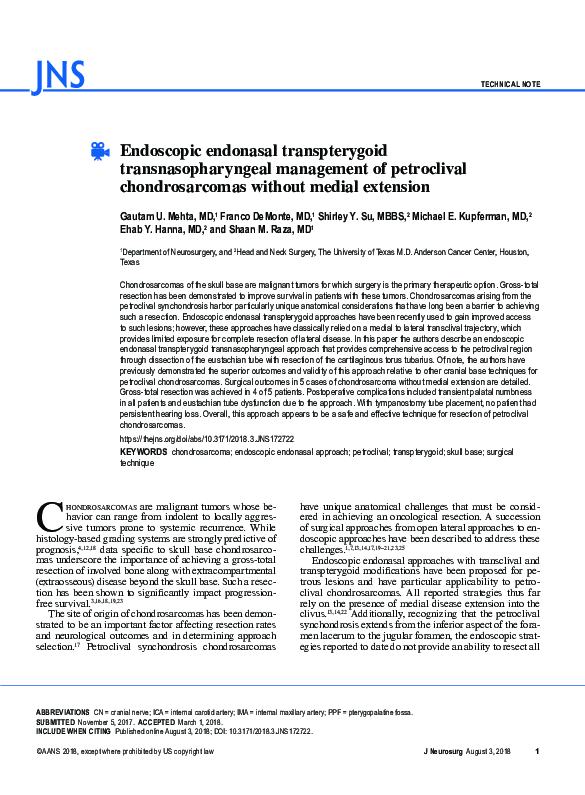 (PDF) Endoscopic endonasal transpterygoid transnasopharyngeal management of petroclival ...