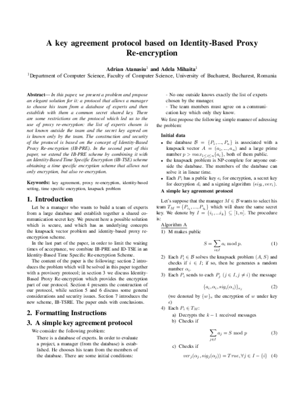 (PDF) A key agreement protocol based on Identity-Based Proxy Re-encryption | Adrian Atanasiu ...