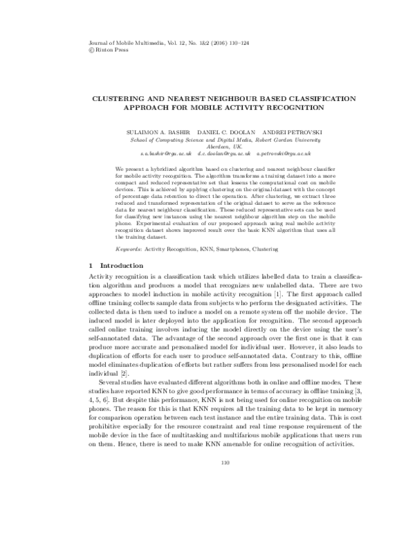 Pdf Clustering And Nearest Neighbour Based Classification Approach For Mobile Activity Recognition