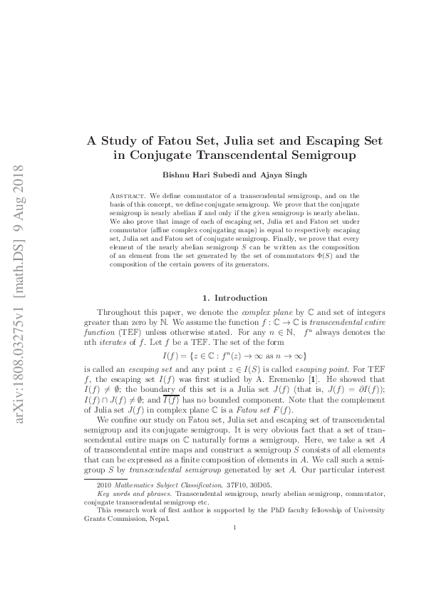 (PDF) A Study of Fatou Set, Julia set and Escaping Set in Conjugate Transcendental Semigroup