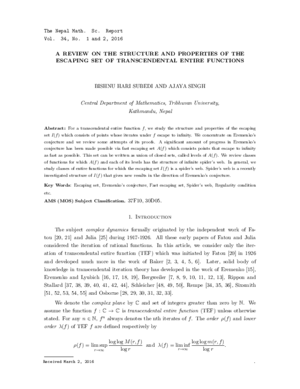 (PDF) A Review on the Structure and Properties of the Escaping Set of Transcendental Entire ...
