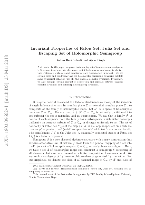 (PDF) Invariant Properties of Fatou Set, Julia Set and Escaping Set of Holomorphic Semigroup