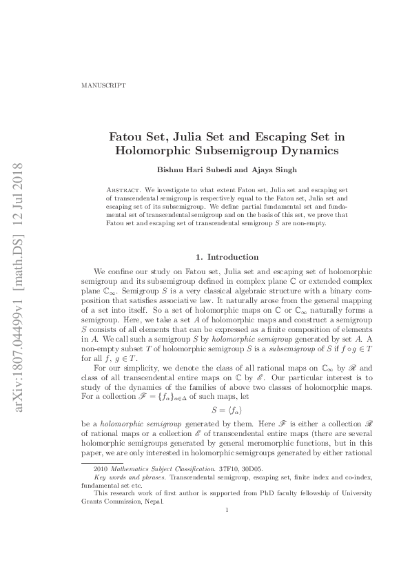 (PDF) Fatou Set, Julia Set and Escaping Set in Holomorphic Subsemigroup Dynamics
