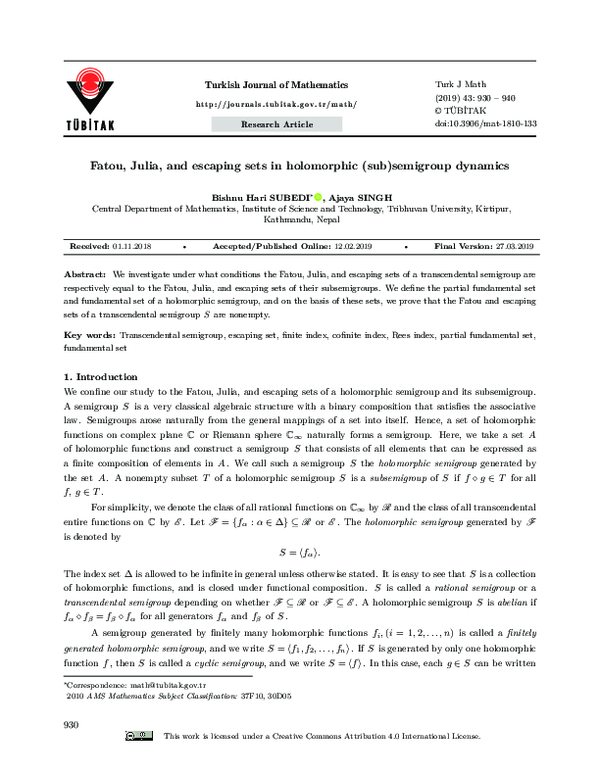 (PDF) Fatou, Julia, and escaping sets in holomorphic (sub)semigroup dynamics | Bishnu Hari ...