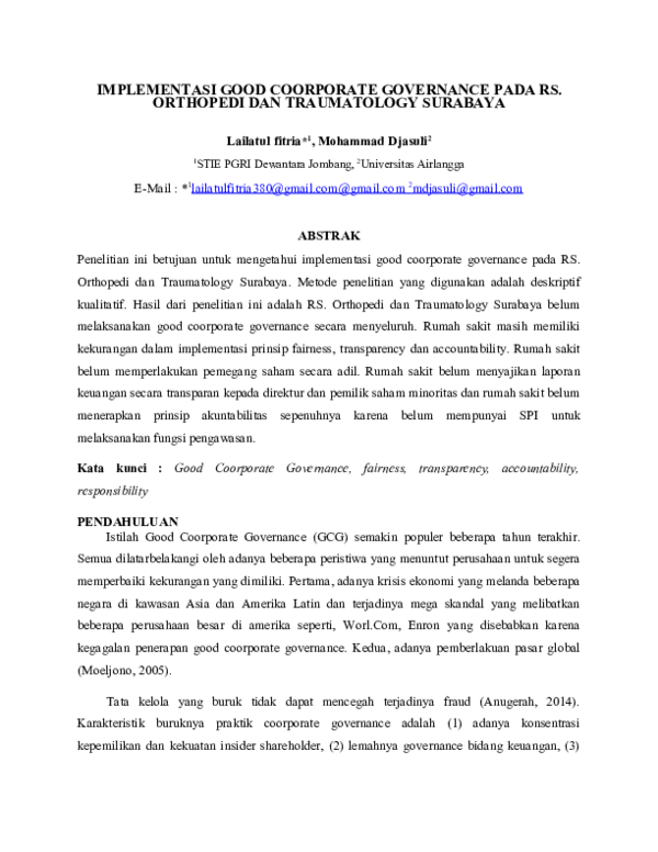 (DOC) IMPLEMENTASI GOOD COORPORATE GOVERNANCE PADA RS. ORTHOPEDI DAN TRAUMATOLOGY SURABAYA