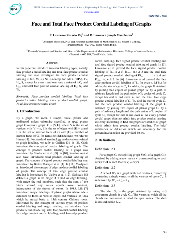 (PDF) Face and Total Face Product Cordial Labeling of Graphs (PDF) Face and Total Face Product Cordial Labeling of Graphs