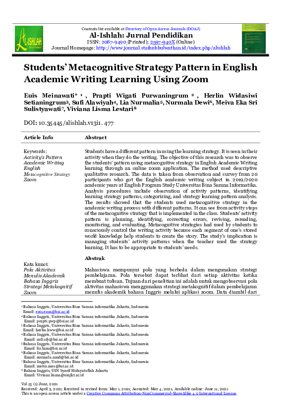 (PDF) Students’ Metacognitive Strategy Pattern in English Academic Writing Learning Using Zoom
