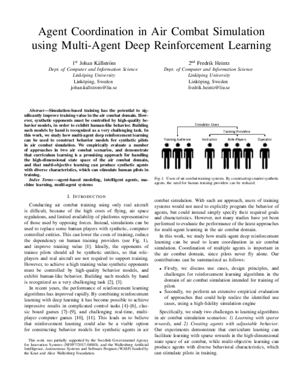 (PDF) Agent Coordination in Air Combat Simulation using Multi-Agent Deep Reinforcement Learning