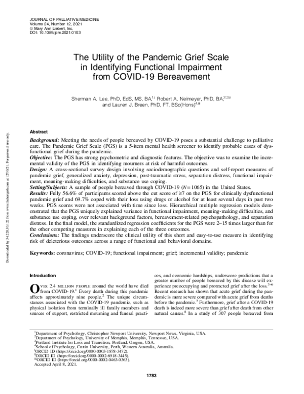 (PDF) The Utility of the Pandemic Grief Scale in Identifying Functional ...
