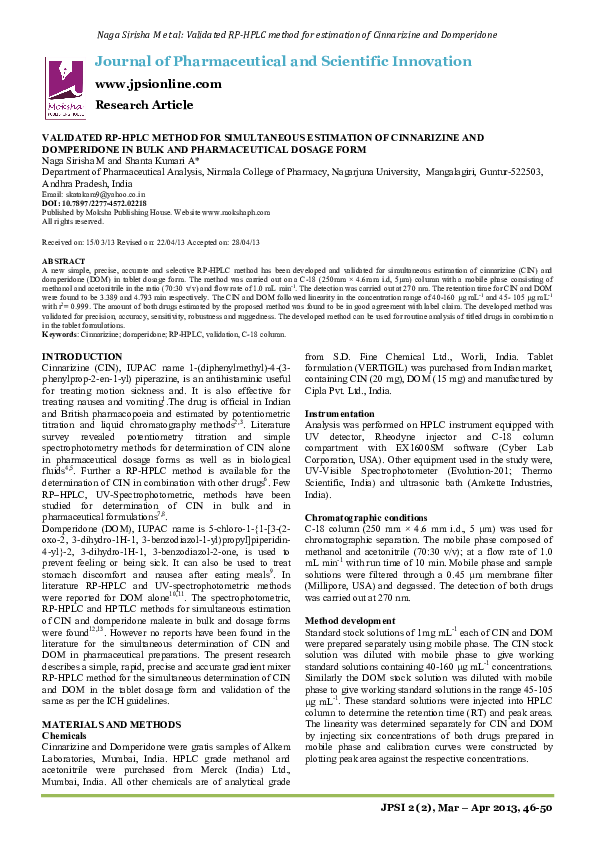 Pdf Validated Rp Hplc Method For Simultaneous Estimation Of Cinnarizine And Domperidone In