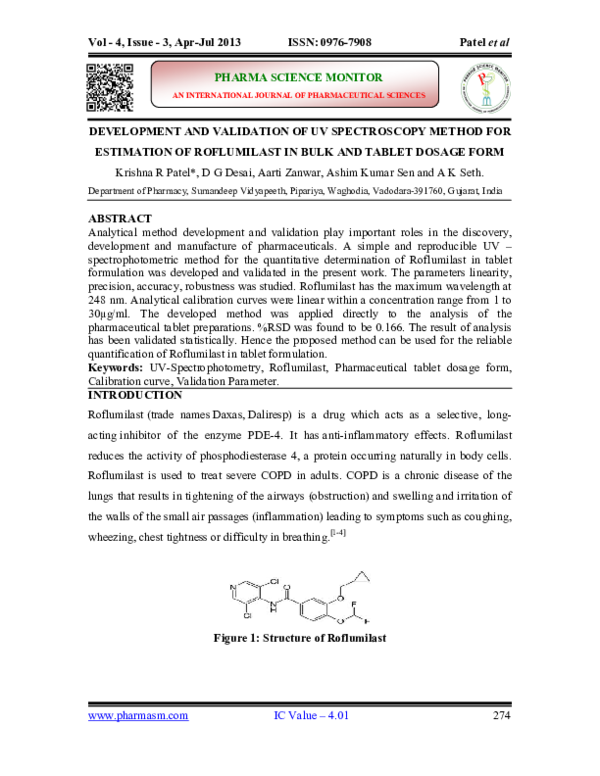 Pdf Development And Validation Of Uv Spectroscopy Method For Estimation Of Roflumilast In Bulk