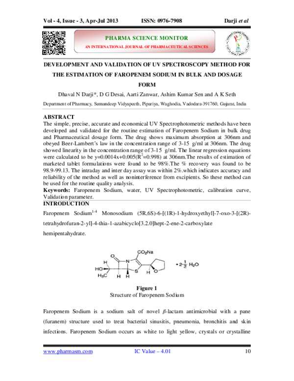 Pdf Development And Validation Of Uv Spectroscopy Method For The Estimation Of Faropenem
