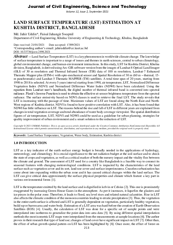 (PDF) Land Surface Temperature (LST) Estimation at Kushtia District, Bangladesh