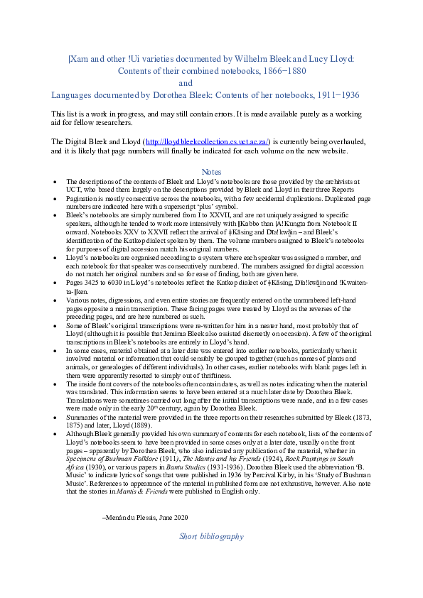 (DOC) Contents Bleek Lloyd Xam notebooks