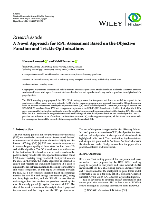 Pdf A Novel Approach For Rpl Assessment Based On The Objective Function And Trickle Optimizations
