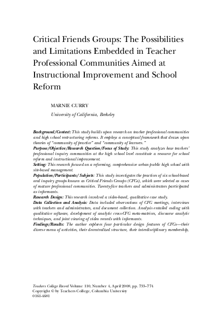 (PDF) Critical Friends Groups: The Possibilities and Limitations ...