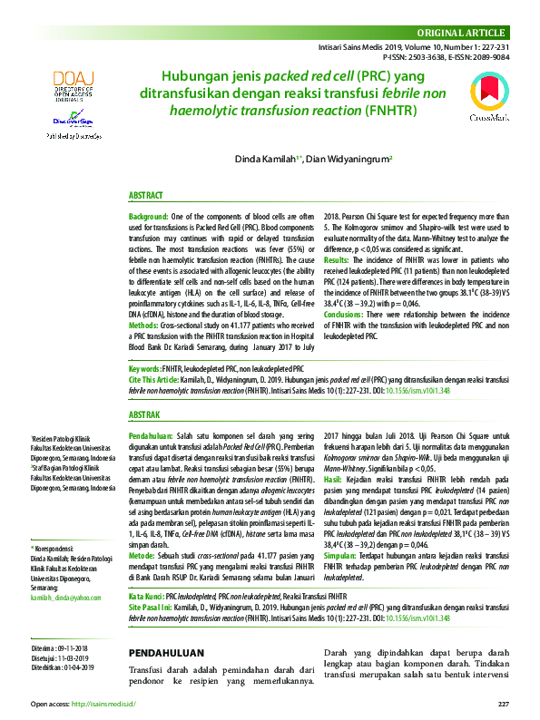 (PDF) Hubungan jenis packed red cell (PRC) yang ditransfusikan dengan ...