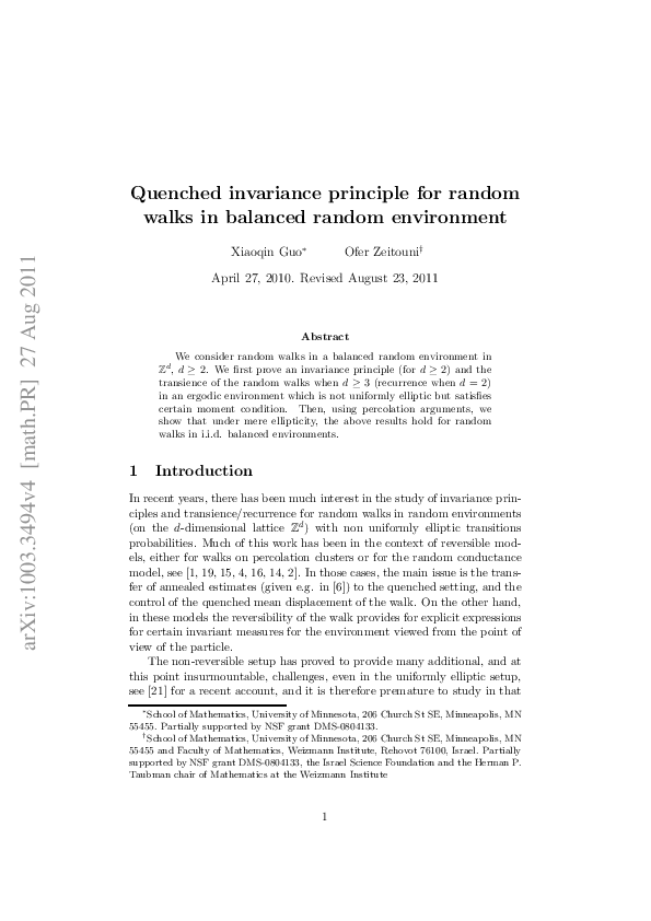 (PDF) Quenched invariance principle for random walks in balanced random environment