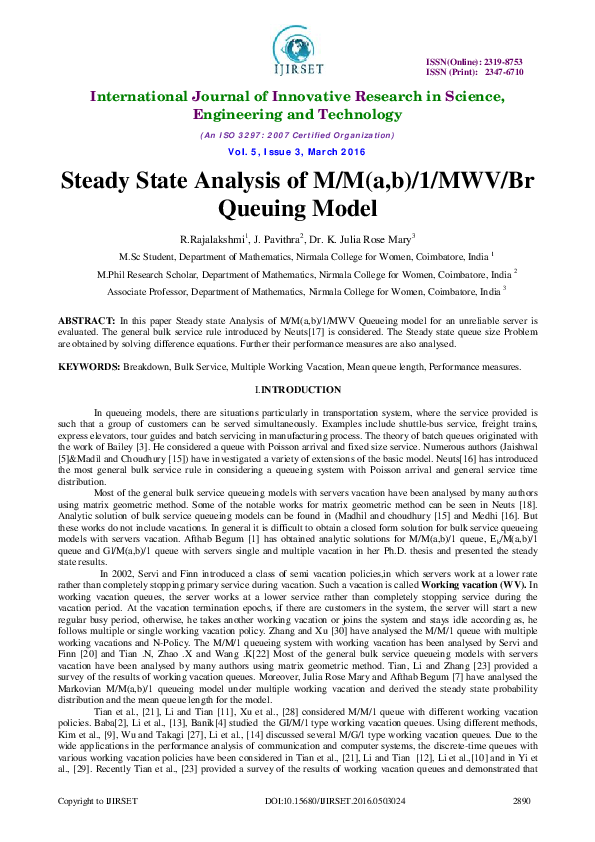 (PDF) Steady State Analysis of M/M(a,b)/1/MWV/Br Queuing Model