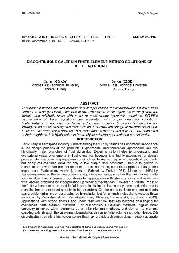 (PDF) Discontinuous Galerkin Finite Element Method Solutions of Euler Equations