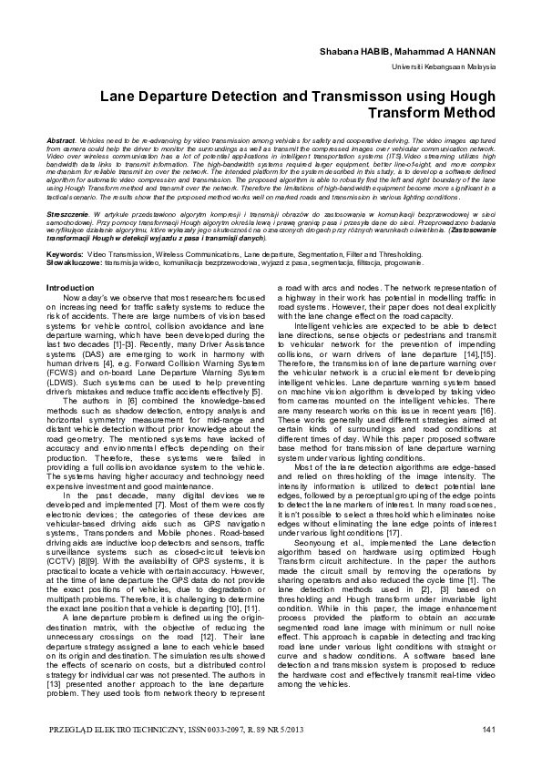 (PDF) Lane Departure Detection and Transmisson using Hough Transform Method