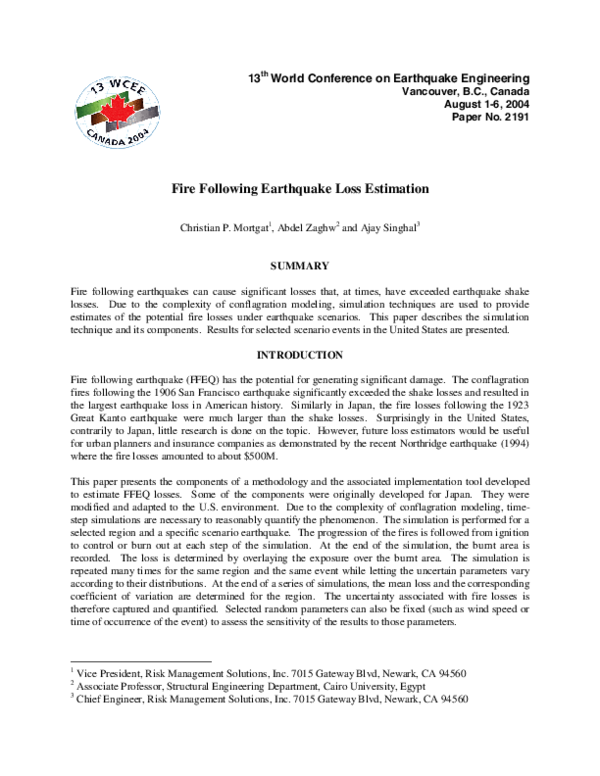 (PDF) Fire Following Earthquake Loss Estimation