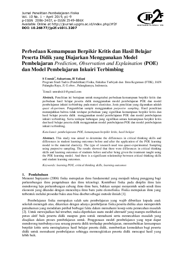 (PDF) Perbedaan Kemampuan Berpikir Kritis dan Hasil Belajar Peserta Didik yang Diajarkan ...