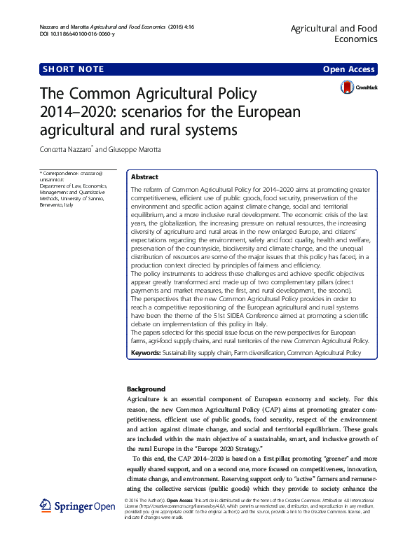 (PDF) The Common Agricultural Policy 2014–2020: scenarios for the ...