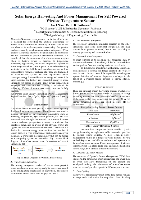 (PDF) Solar Energy Harvesting And Power Management For Self Powered Wireless Temperature Sensor