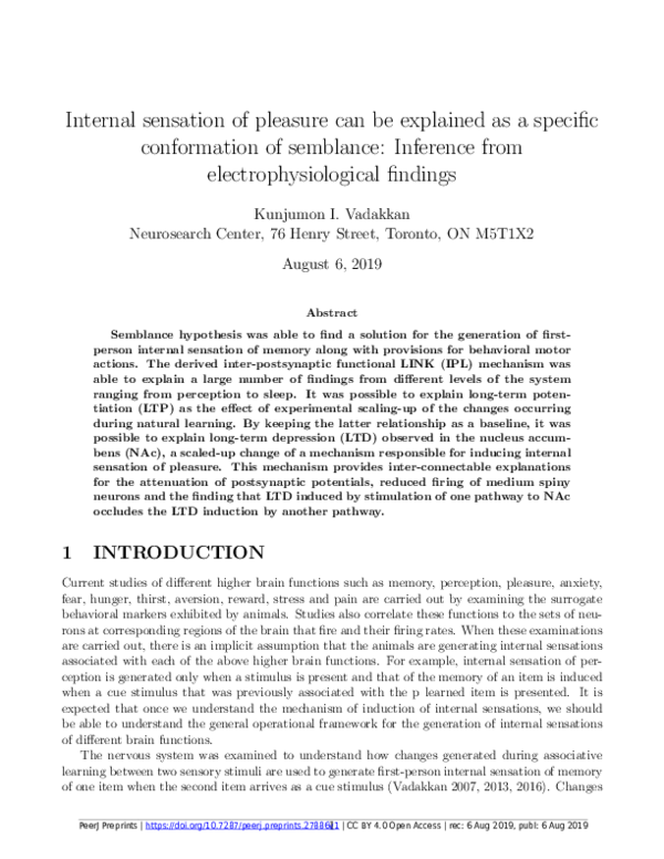 (PDF) Internal sensation of pleasure can be explained as a specific ...