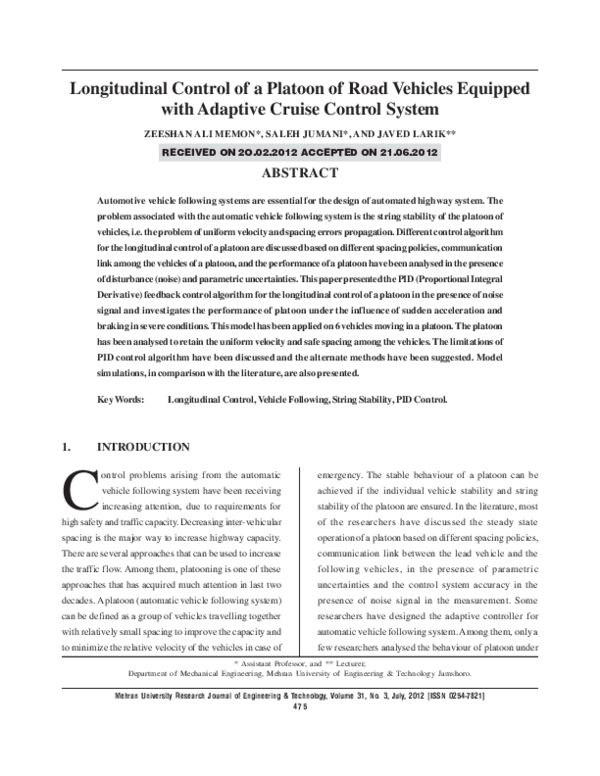 (PDF) Longitudinal Control of a Platoon of Road Vehicles Equipped with ...