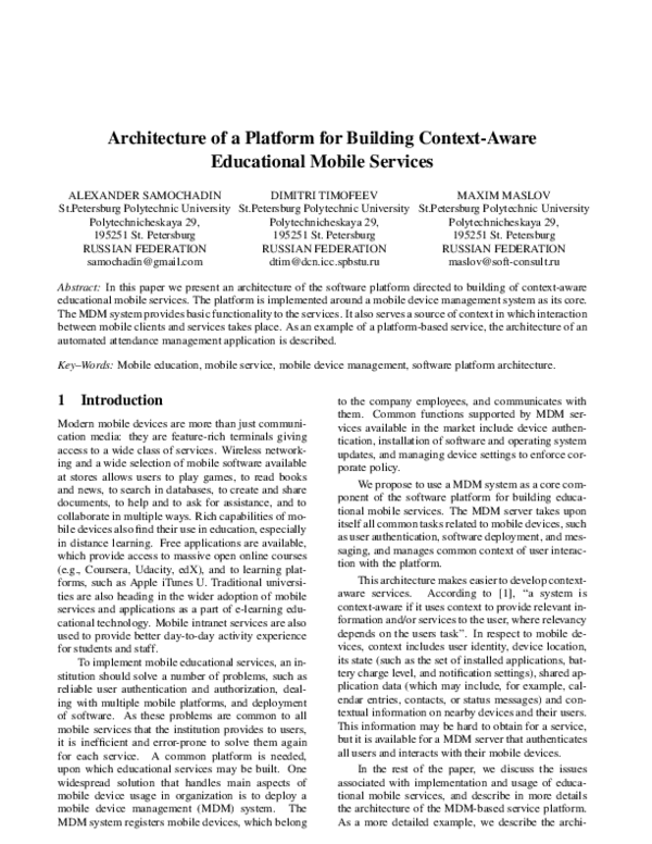(PDF) Architecture of a Platform for Building Context-Aware Educational Mobile Services ...