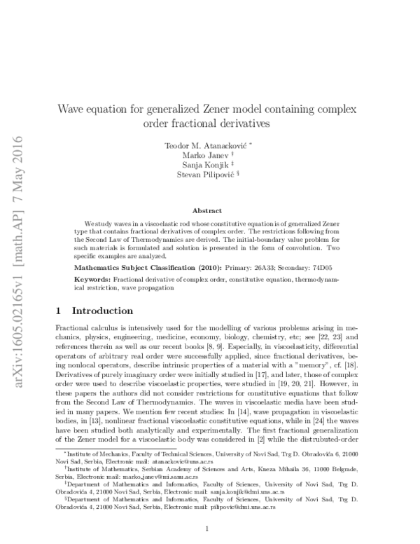 (PDF) Wave equation for generalized Zener model containing complex order fractional derivatives