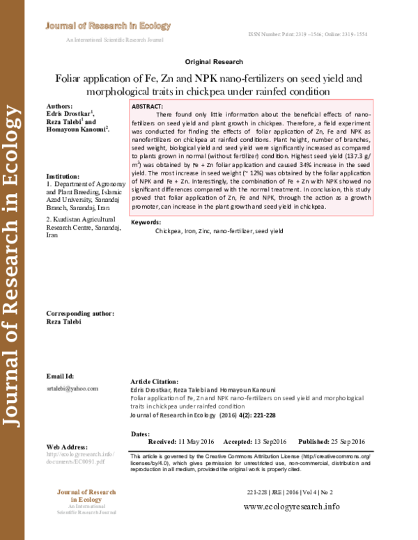 Pdf Foliar Application Of Fe Zn And Npk Nano Fertilizers On Seed