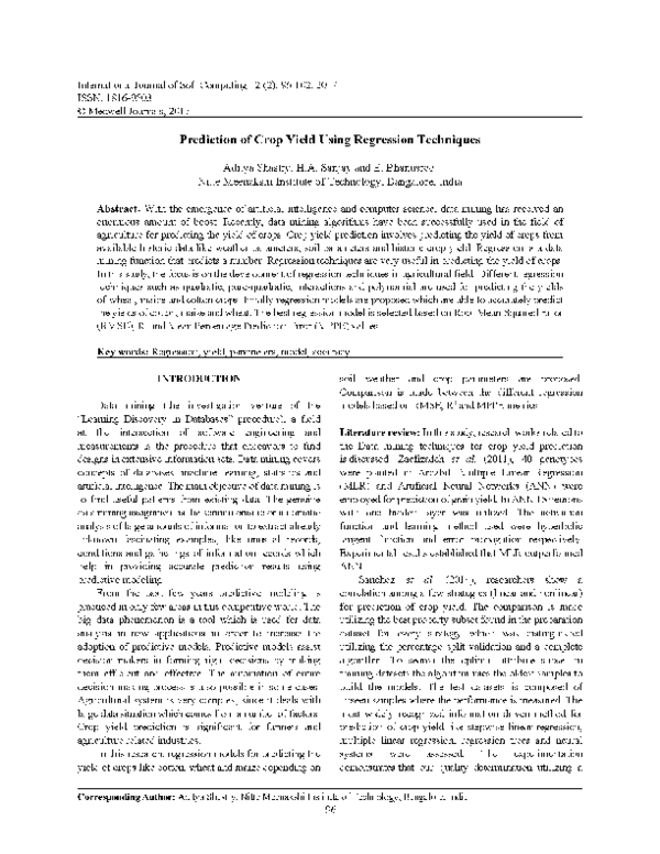(PDF) Prediction of Crop Yield Using Regression Techniques