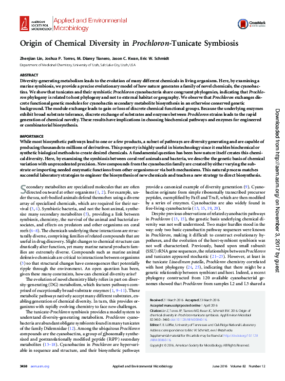 (PDF) Origin of chemical diversity in the Prochloron-tunicate symbiosis