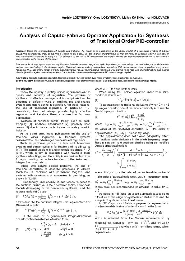 (PDF) Analysis of Caputo-Fabrizio Operator Application for Synthesis of ... (PDF) Analysis of Caputo-Fabrizio Operator Application for Synthesis of ...