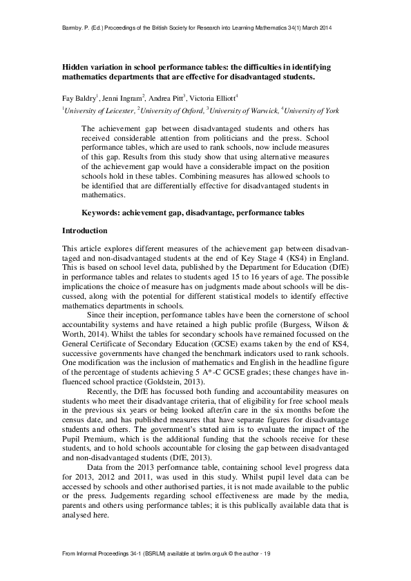 (PDF) Hidden variation in school performance tables: the difficulties ...