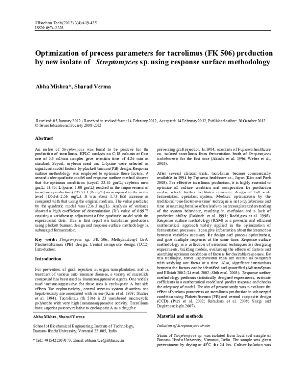 (PDF) Optimization of process parameters for tacrolimus (FK 506) production by new isolate of ...