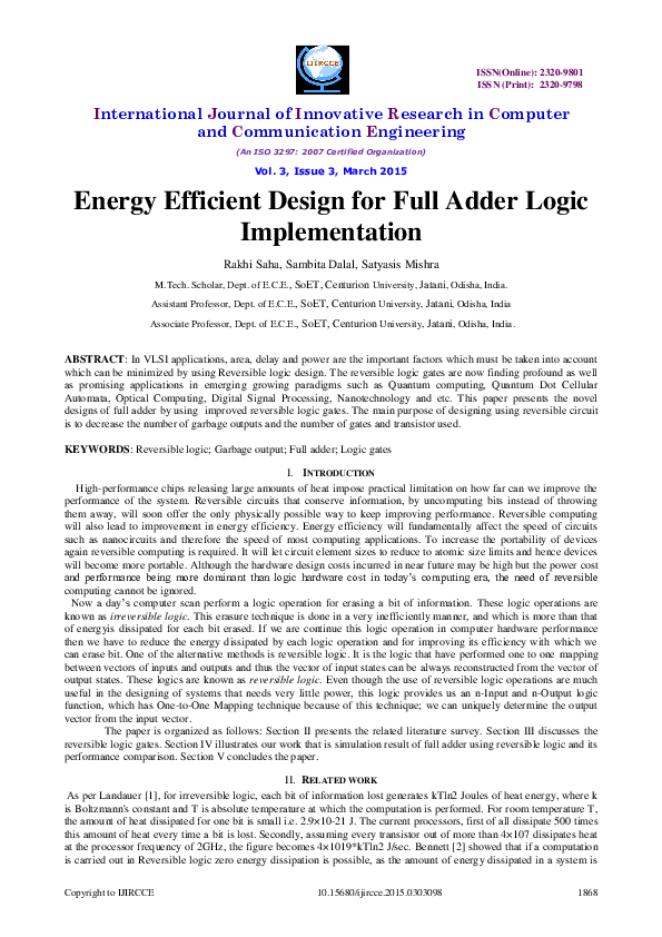 (PDF) Energy Efficient Design for Full Adder Logic Implementation