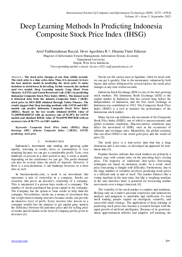 (PDF) Deep Learning Methods In Predicting Indonesia Composite Stock Price Index (IHSG)