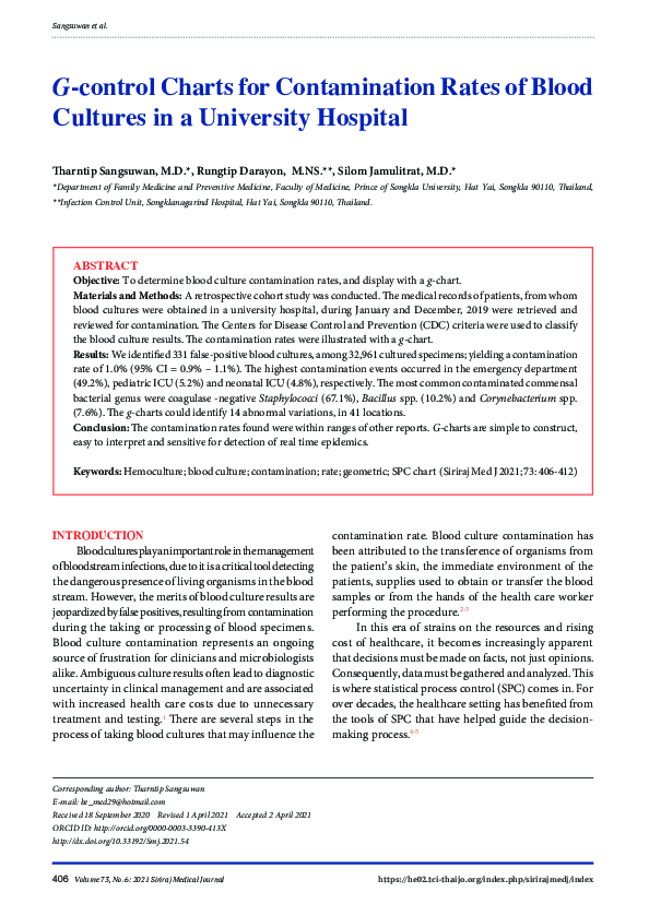 (PDF) G-control Charts for Contamination Rates of Blood Cultures in a ...