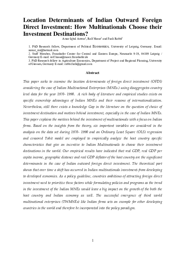 (PDF) Location Determinants of Indian Outward Foreign Direct Investment ...