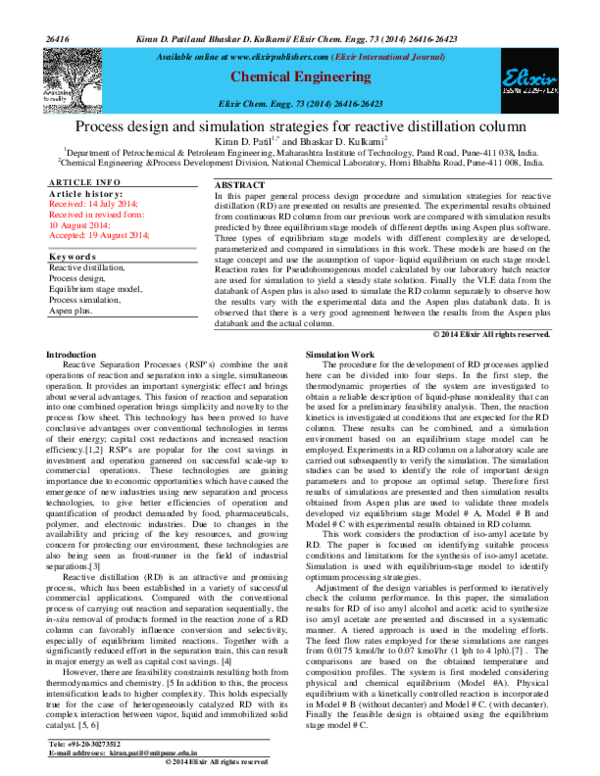 Pdf Process Design And Simulation Strategies For Reactive Distillation Column