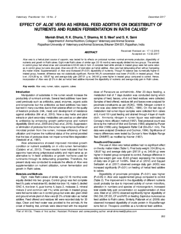 (PDF) EFFECT OF ALOE VERA AS HERBAL FEED ADDITIVE ON DIGESTIBILITY OF NUTRIENTS AND RUMEN ...