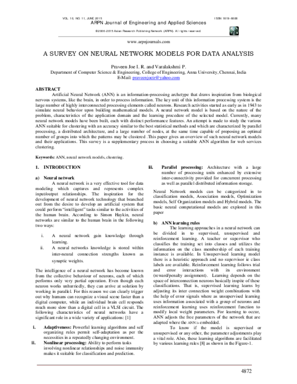 (PDF) A Survey on Neural Network Models for Data Analysis