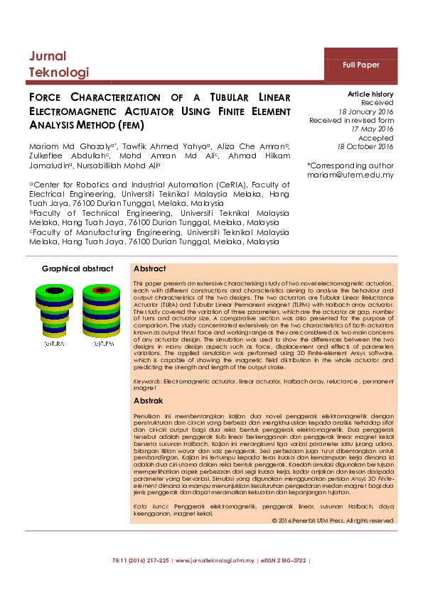 Pdf Force Characterization Of A Tubular Linear Electromagnetic Actuator Using Finite Element