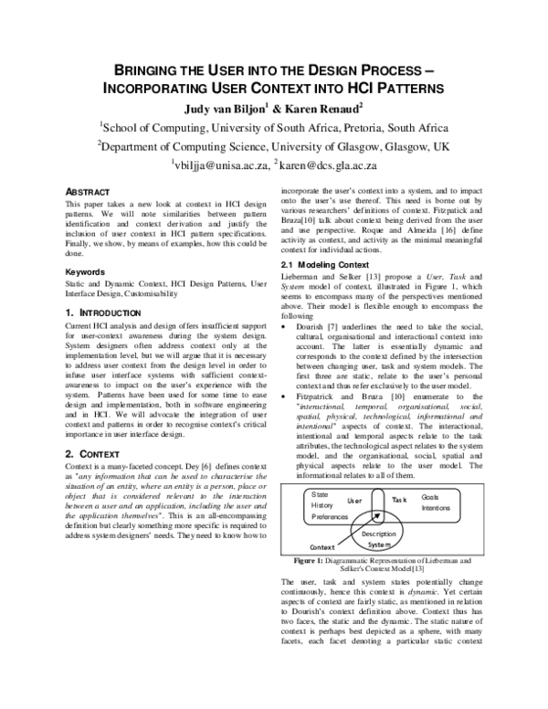 Pdf Bringing The User Into The Design Process Incorporating User Context Into Hci Patterns
