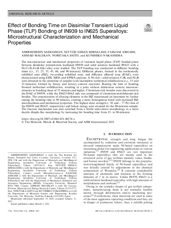 (PDF) Effect of Bonding Time on Dissimilar Transient Liquid Phase (TLP) Bonding of IN939 to ...